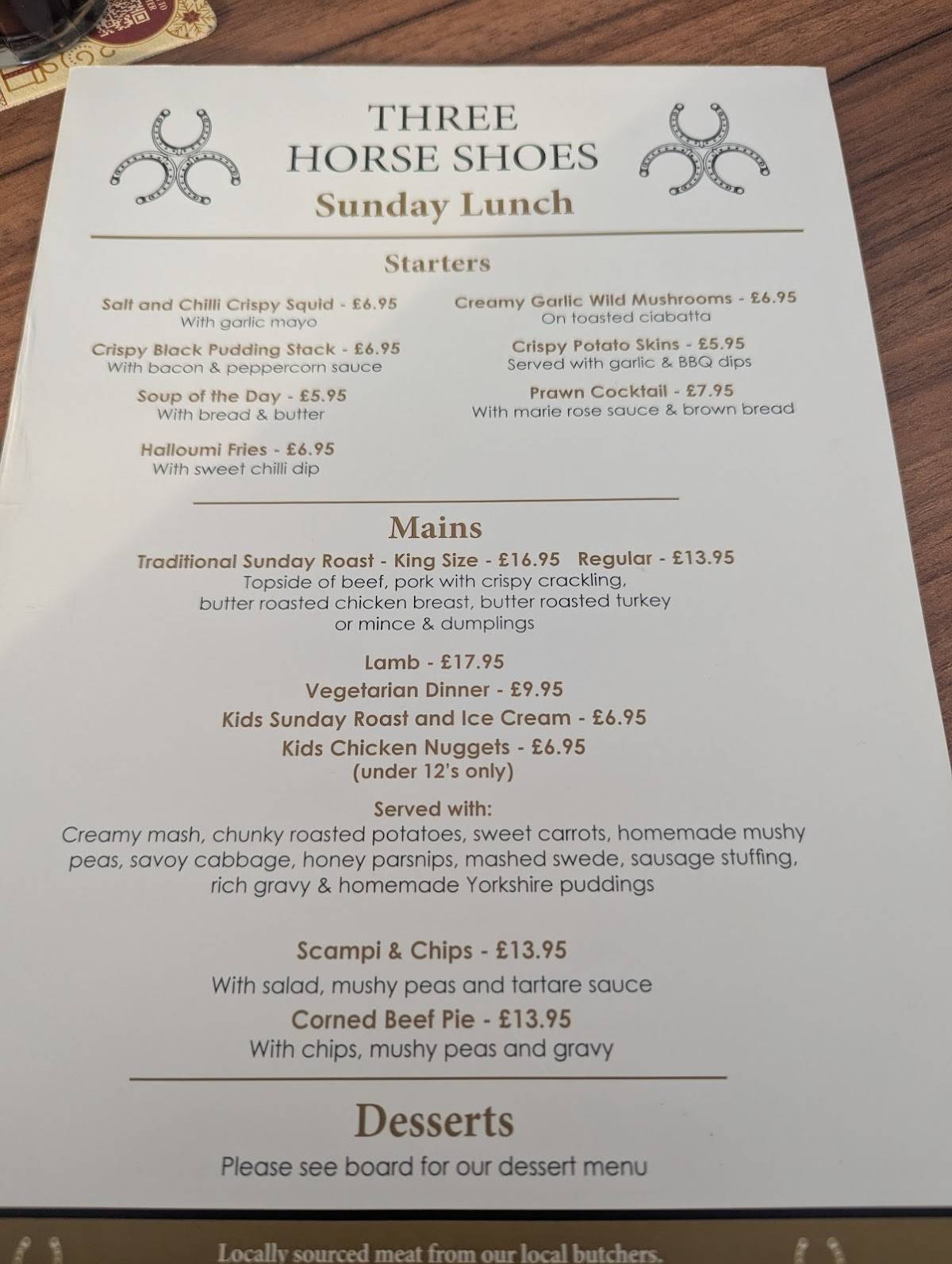 Menu at Three Horse Shoes Inn pub & bar, Burnhope