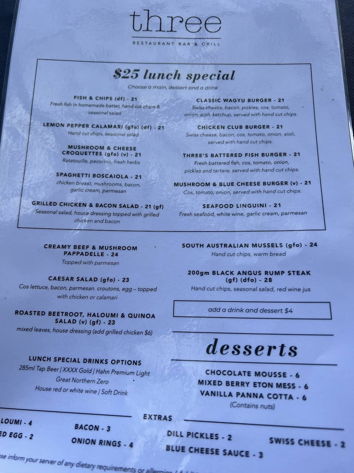 Menu at Three Restaurant Bar & Grill, Caloundra