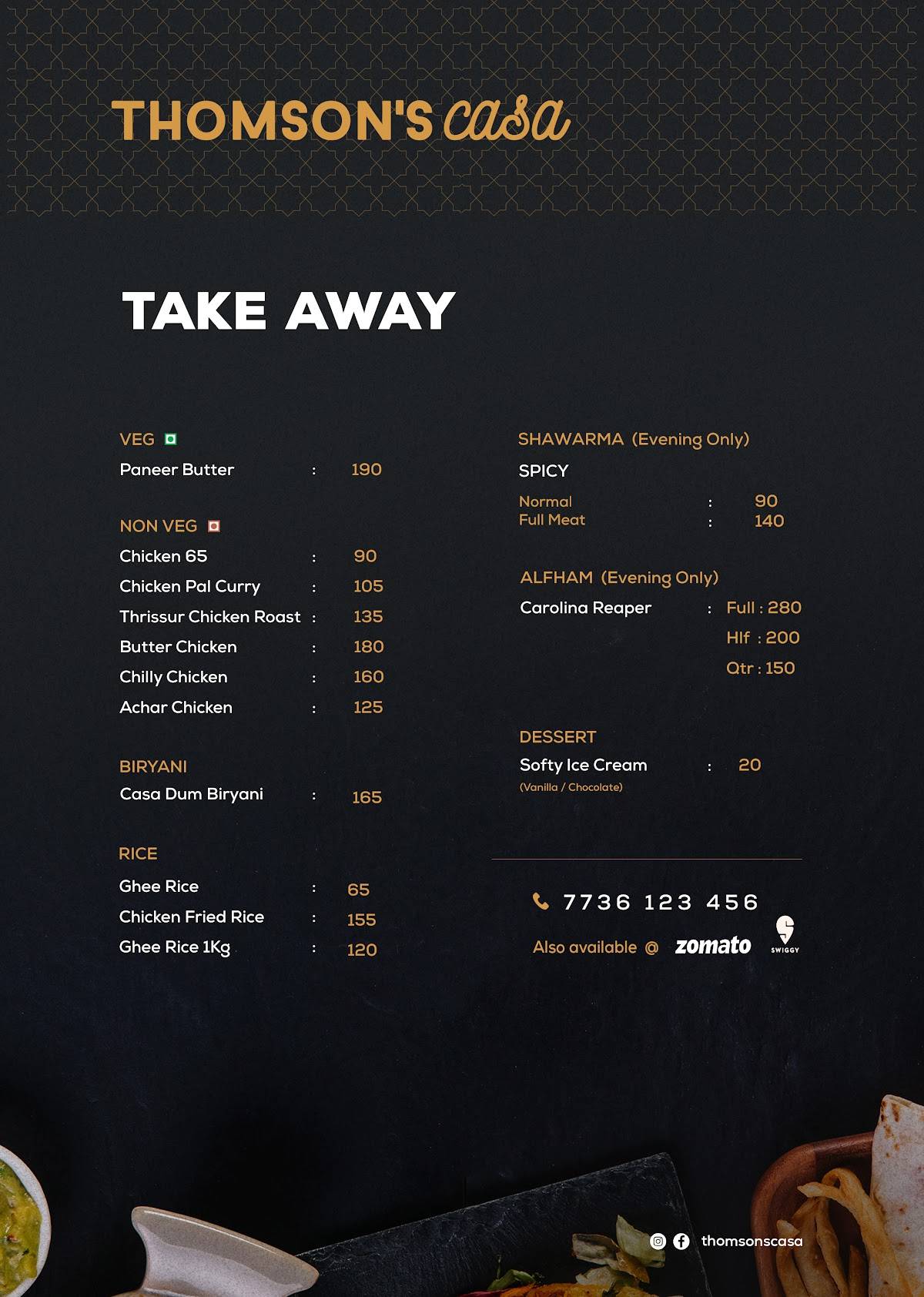 Menu at Thomson's Casa, Thrissur