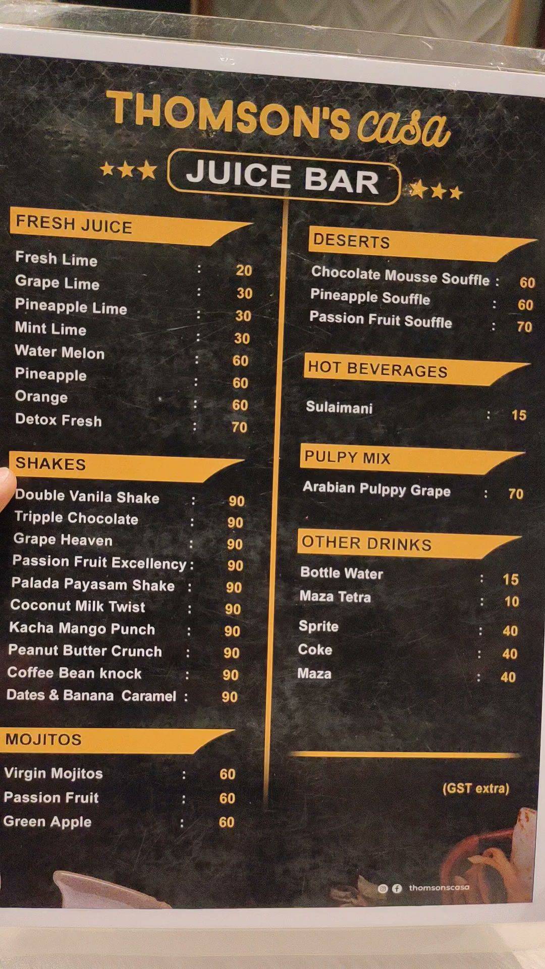 Menu at Thomson's Casa, Thrissur