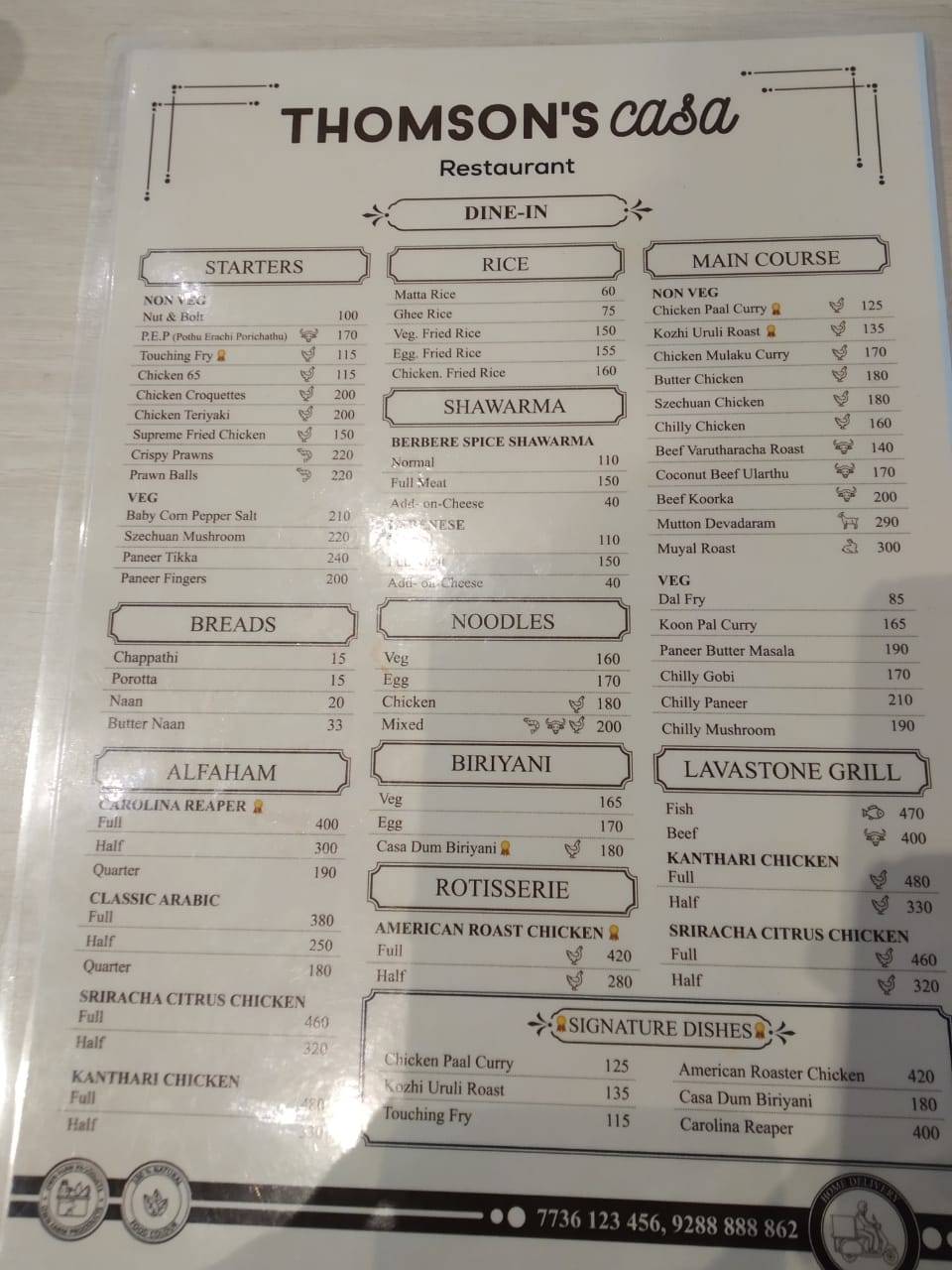 Menu at Thomson's Casa, Thrissur