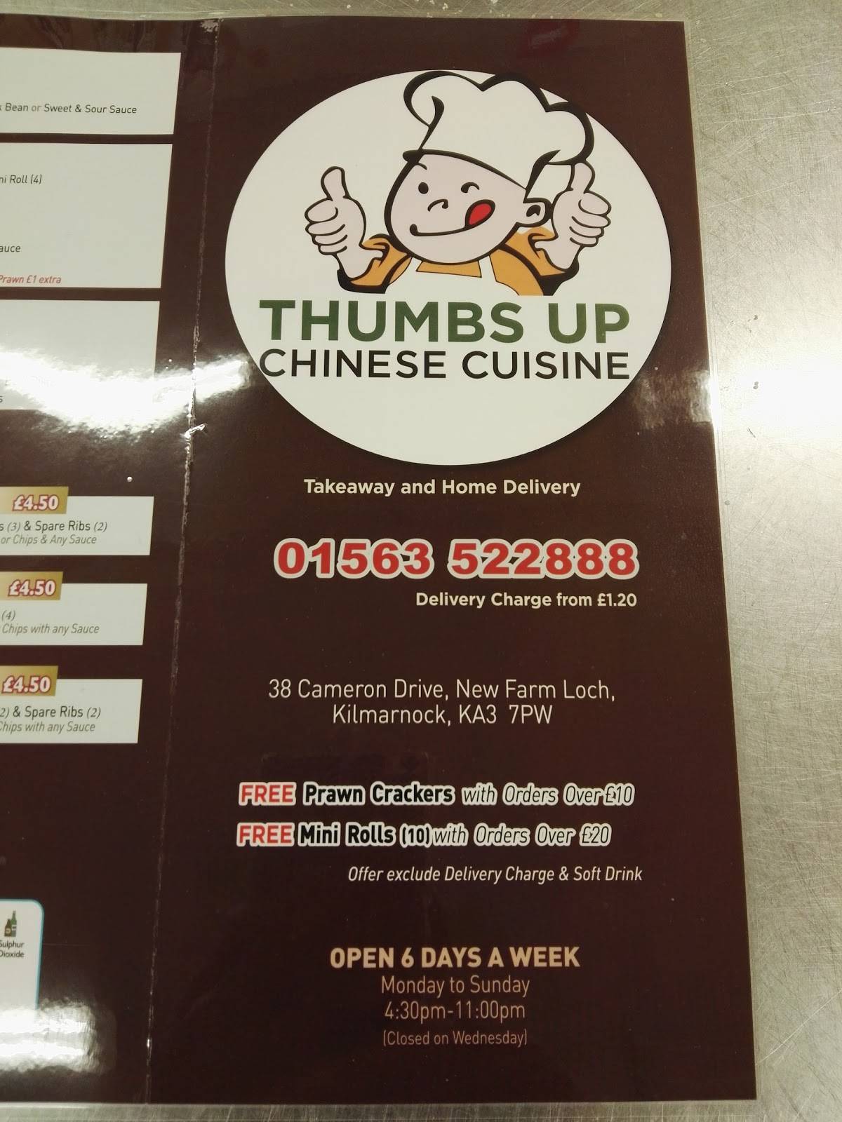 Menu at Thumbs up restaurant, Kilmarnock