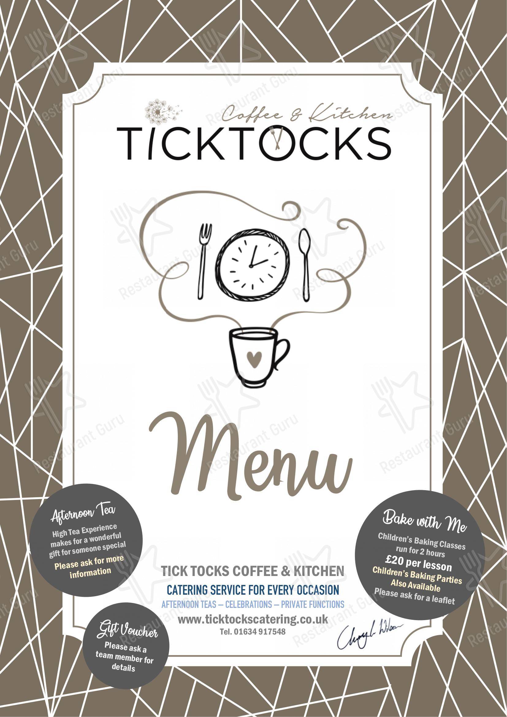 Menu at TickTocks cafe, Rainham