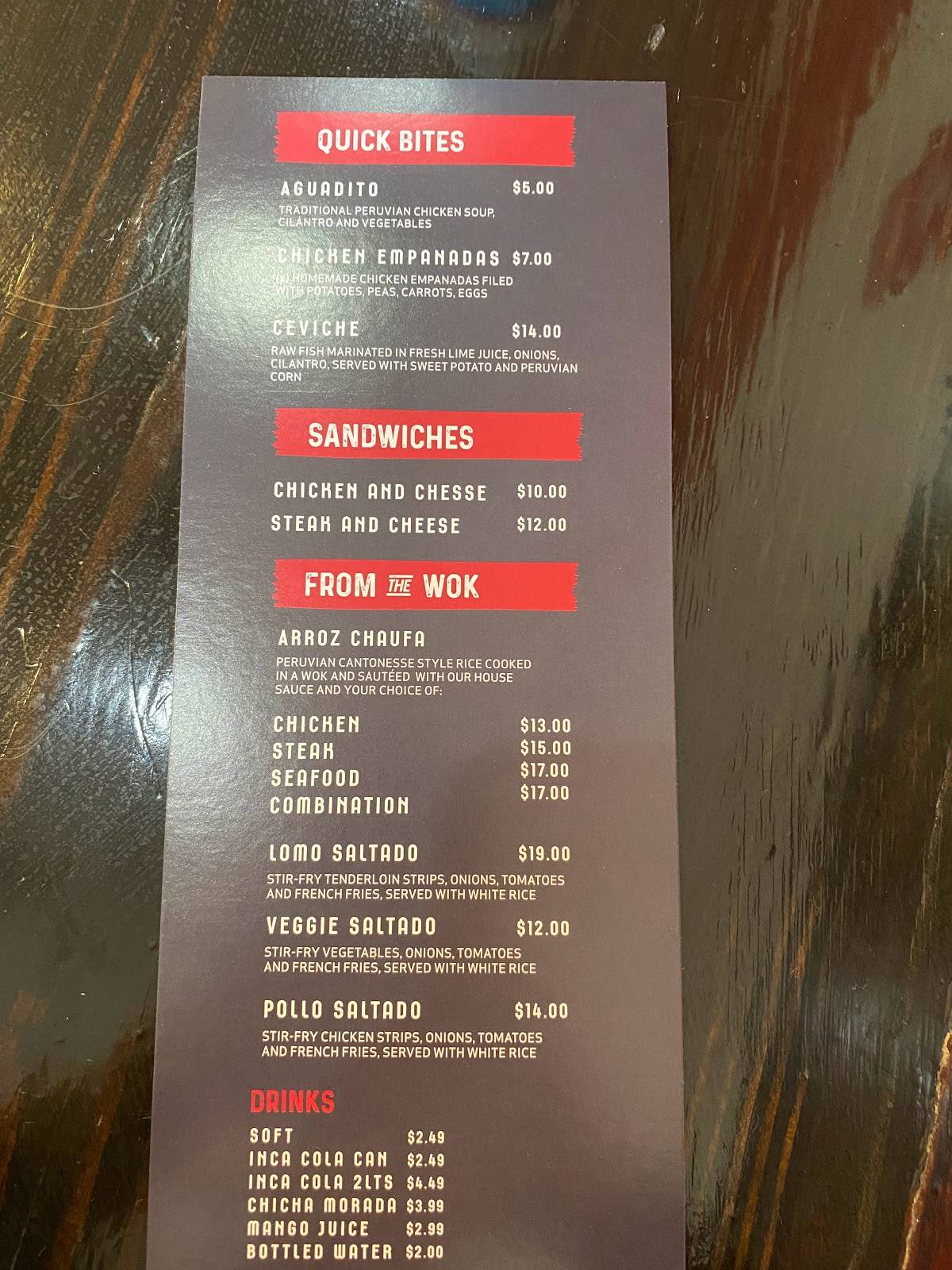 Menu at Tigo's Peruvian & Mexican Grill restaurant, Washington