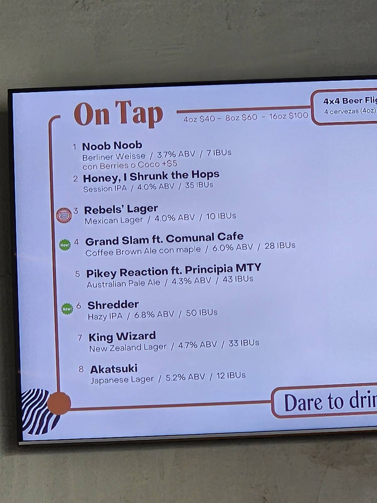 Menu at Farland Aleworks restaurant, Tijuana