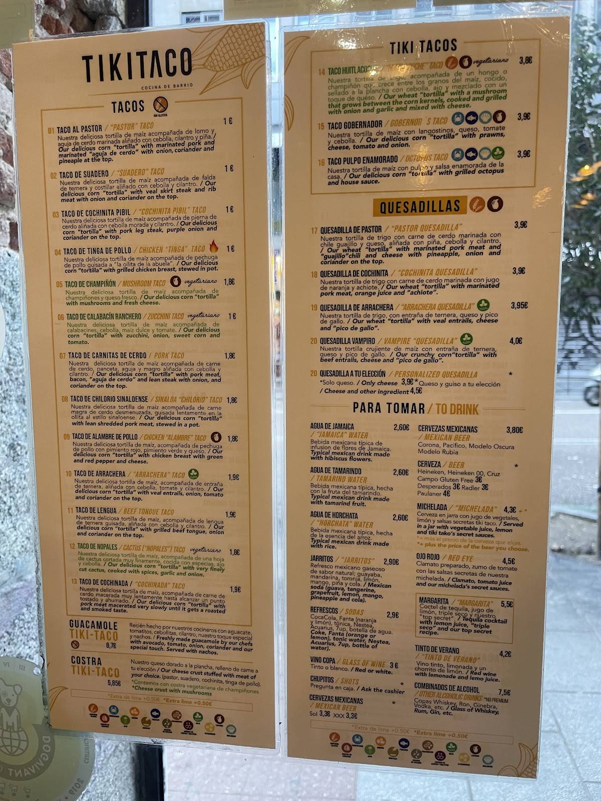 Menu at Tiki Tako restaurant, Madrid