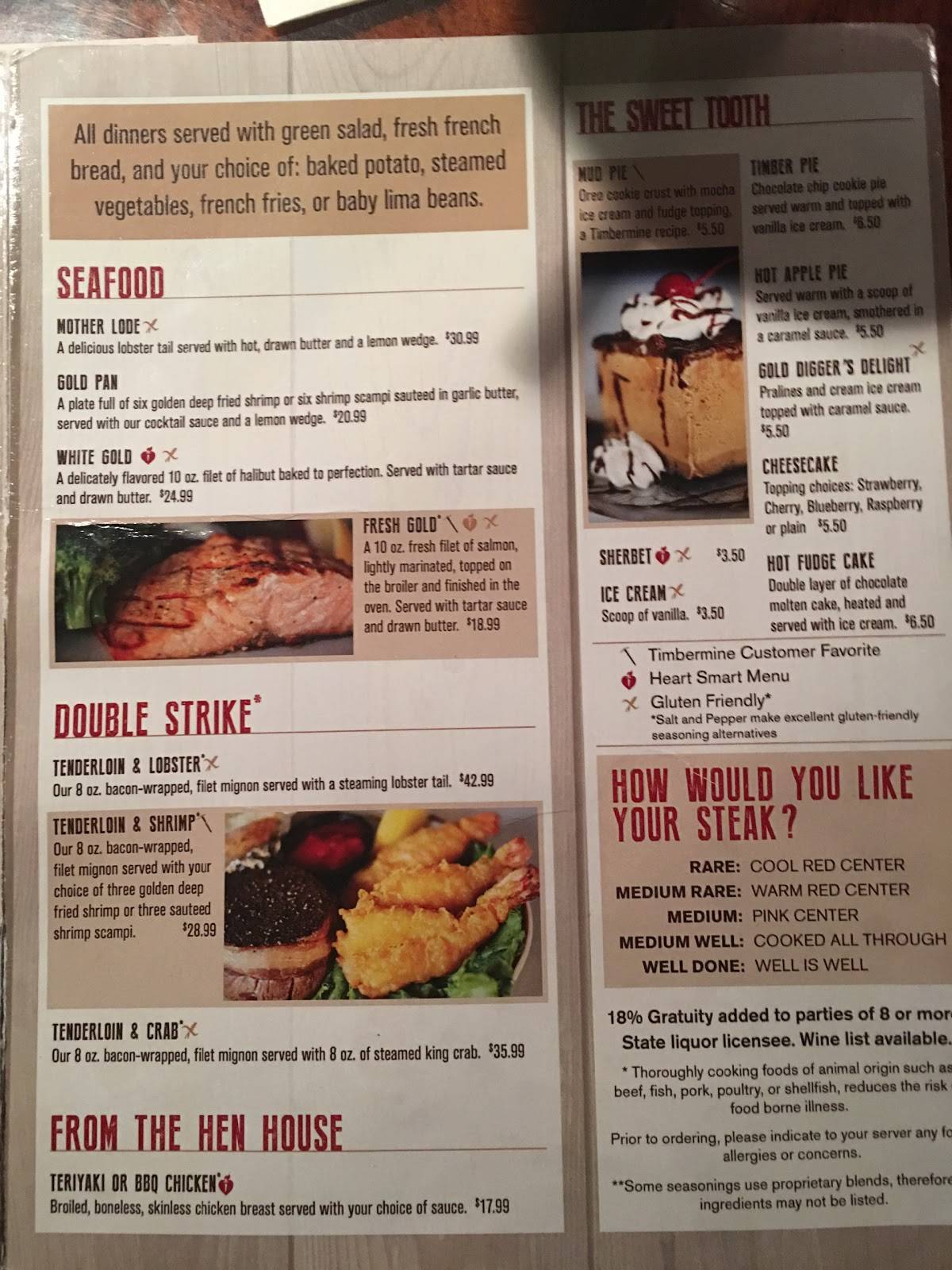 Menu at Timbermine Steakhouse, Ogden