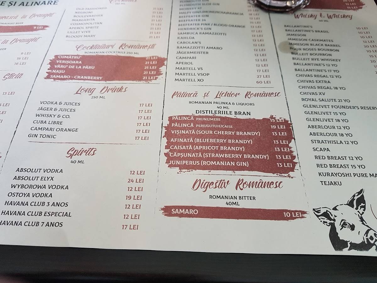 Menu at The Scotland Yard, Timișoara