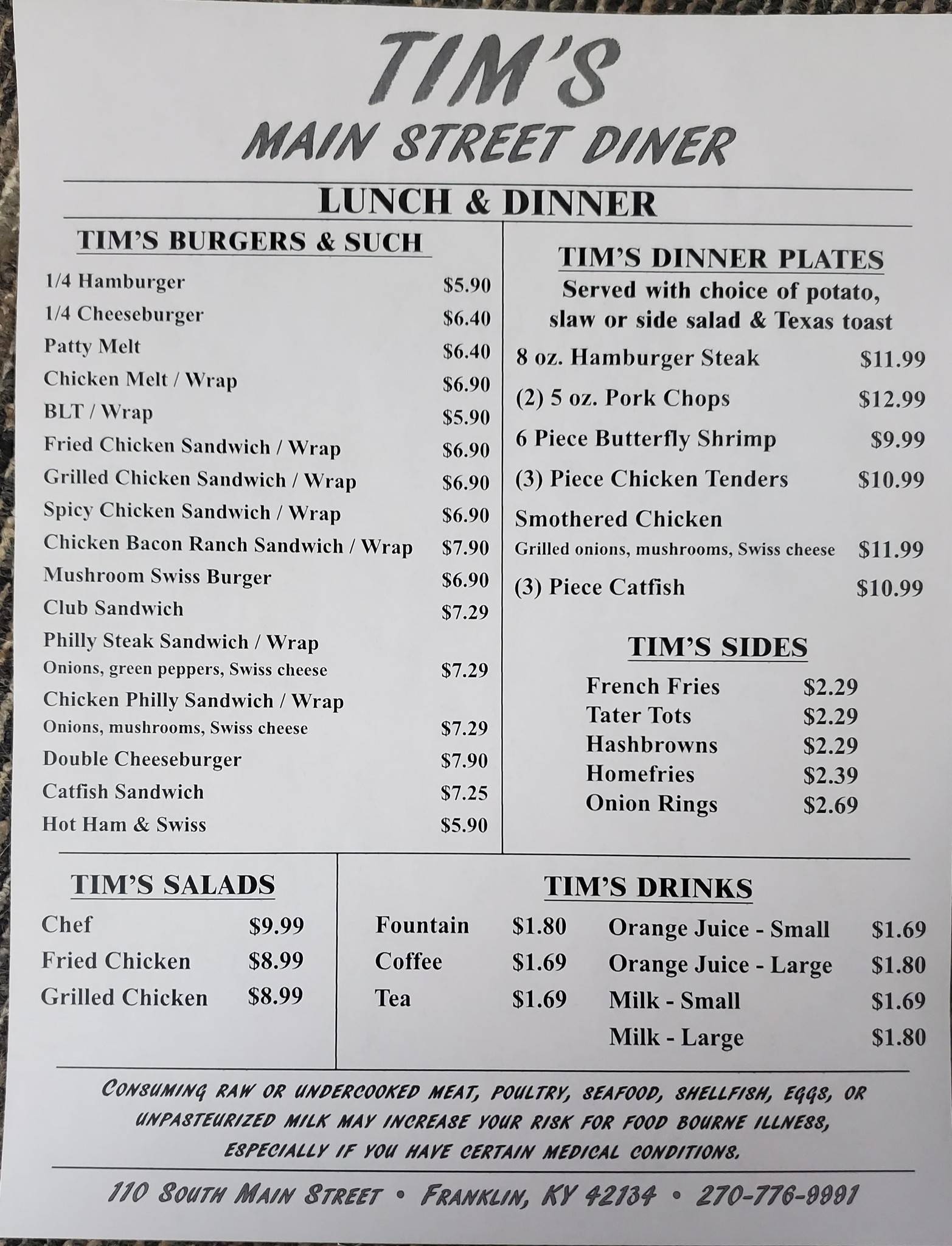 Menu at Tim's Main Street Diner restaurant, Franklin