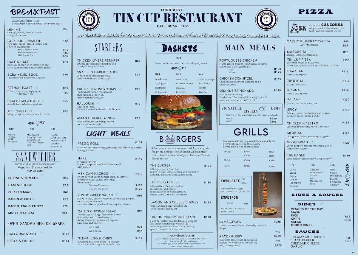Menu at Tin Cup Driving Range and Restaurant, Johannesburg South