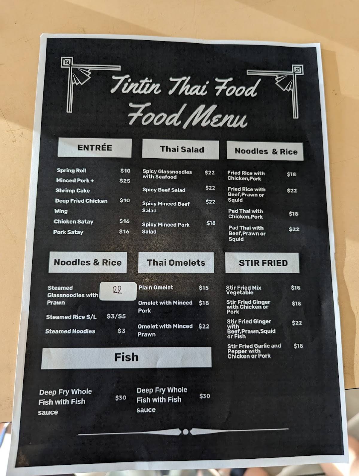 Menu at TinTin Thai Food restaurant, Mount Isa