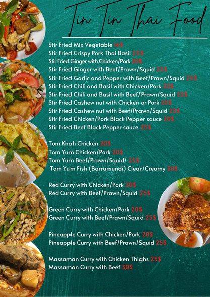 Menu at TinTin Thai Food restaurant, Mount Isa
