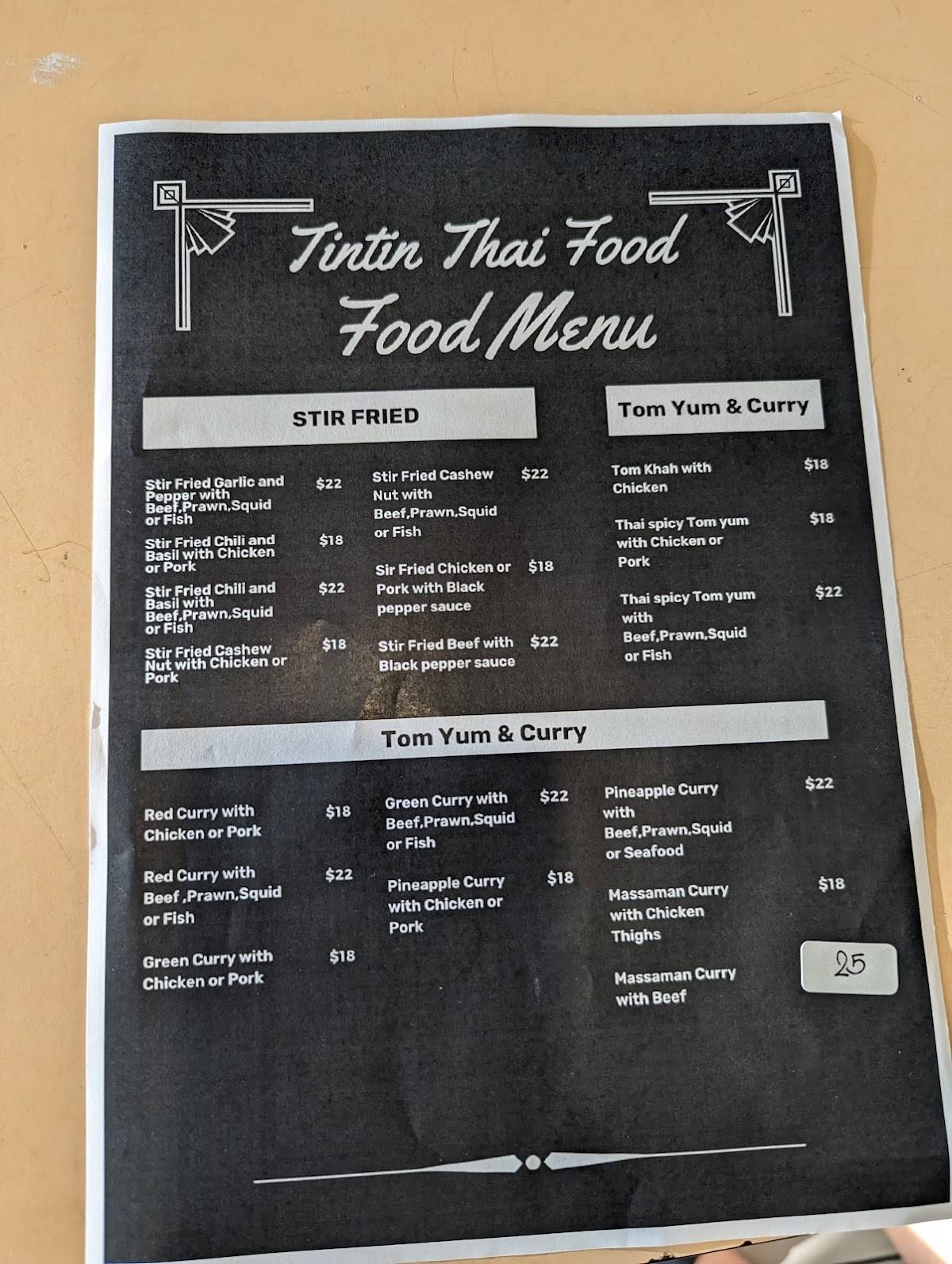 Carta del restaurante TinTin Thai Food, Mount Isa