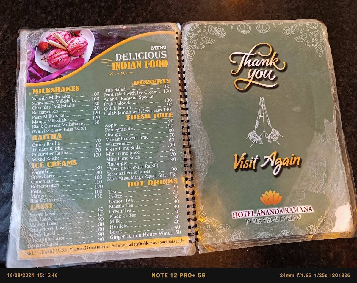 Menu at Ananda Ramana Restaurant, Tiruvannamalai