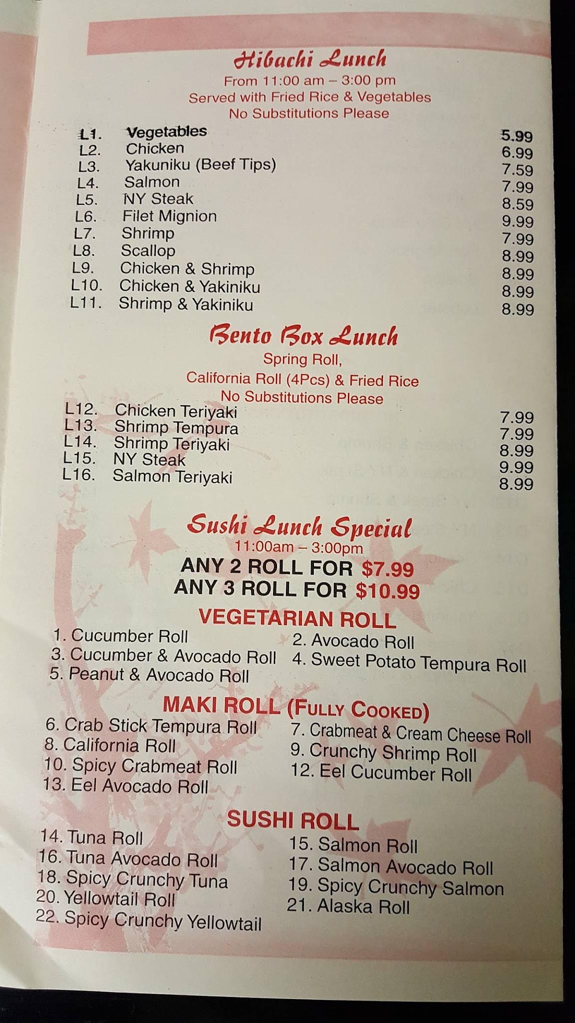 Menu at Tokyo Hibachi & Sushi restaurant, Winchester, Winchester Plz