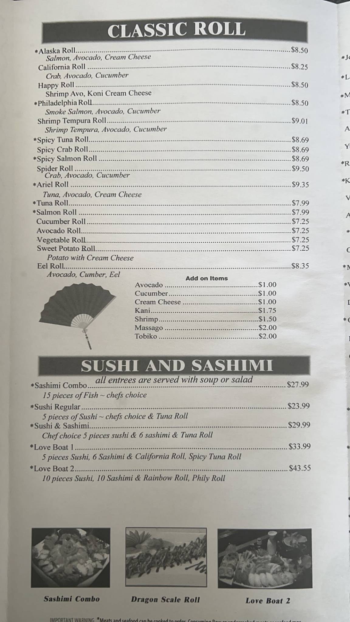 Menu at Tokyo bistro restaurant, Elizabethtown
