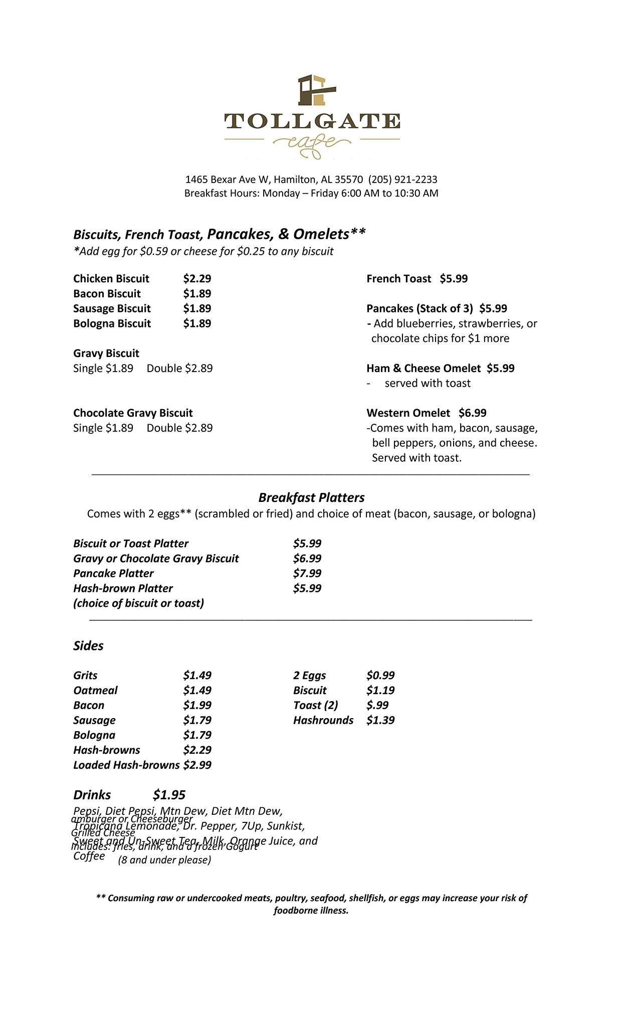 Menu at Toll Gate Cafe, Hamilton, 224 1st Ave SW