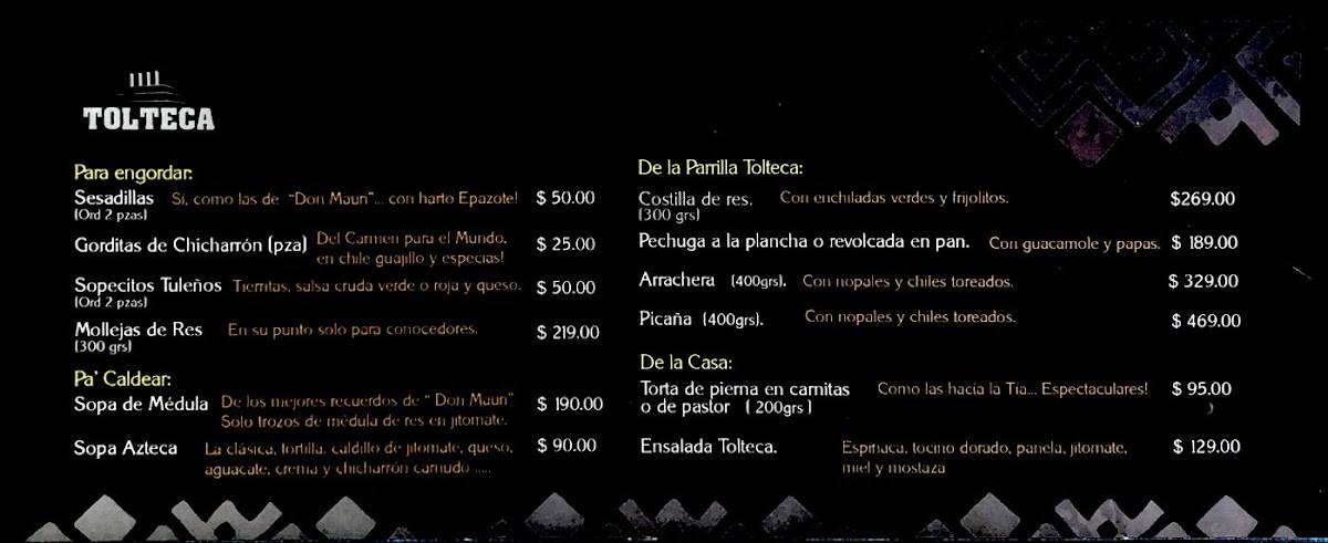 Menu at Tolteca Cantina Mexicana y Prehispánica pub & bar, Tula