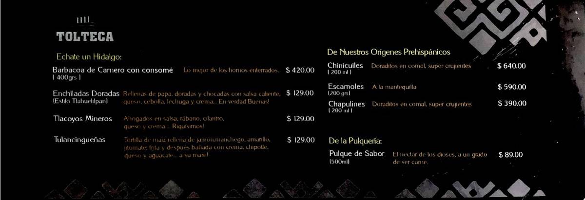 Menu at Tolteca Cantina Mexicana y Prehispánica pub & bar, Tula