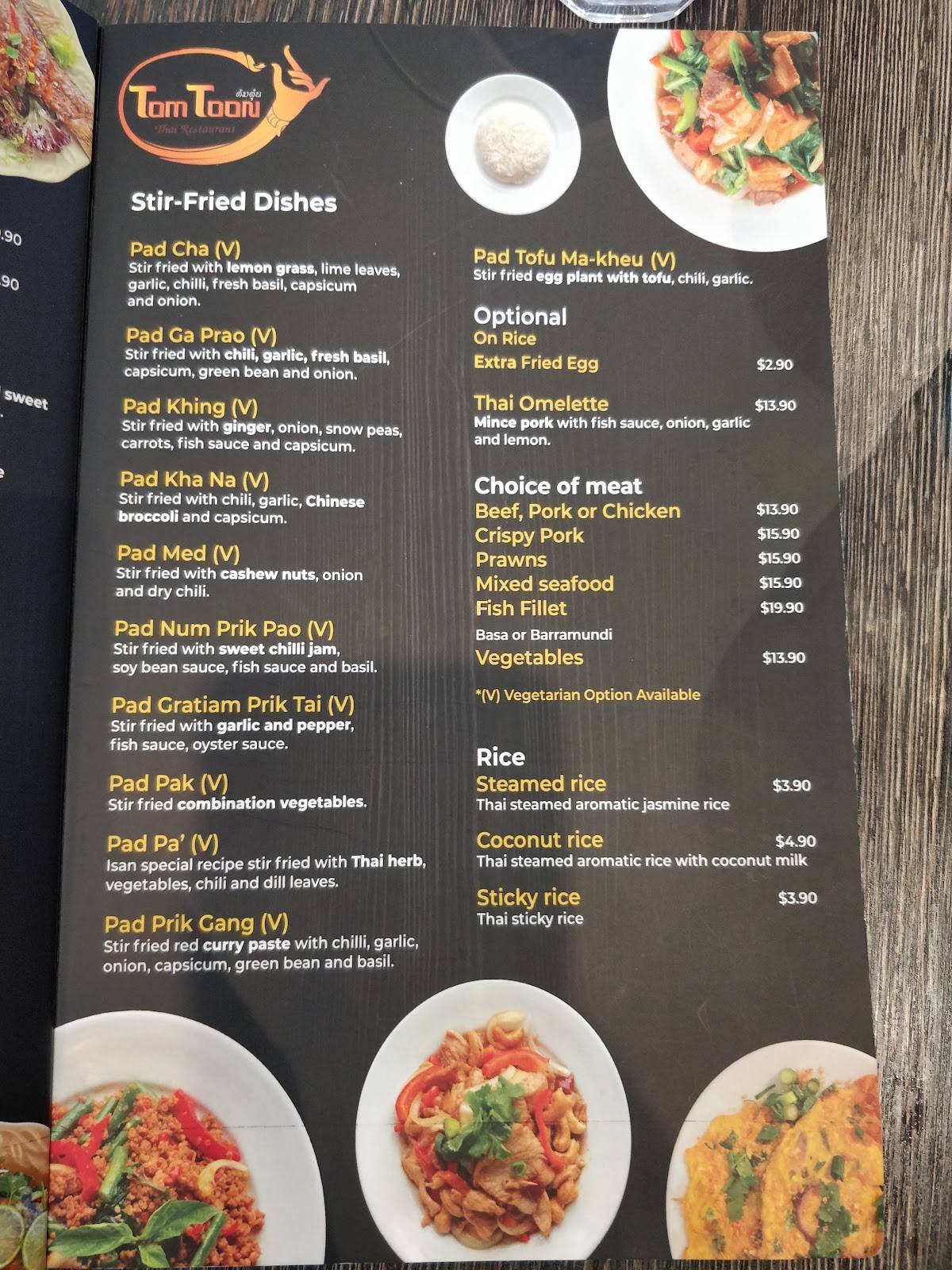 Menu at Tom Toon restaurant, Abbotsford