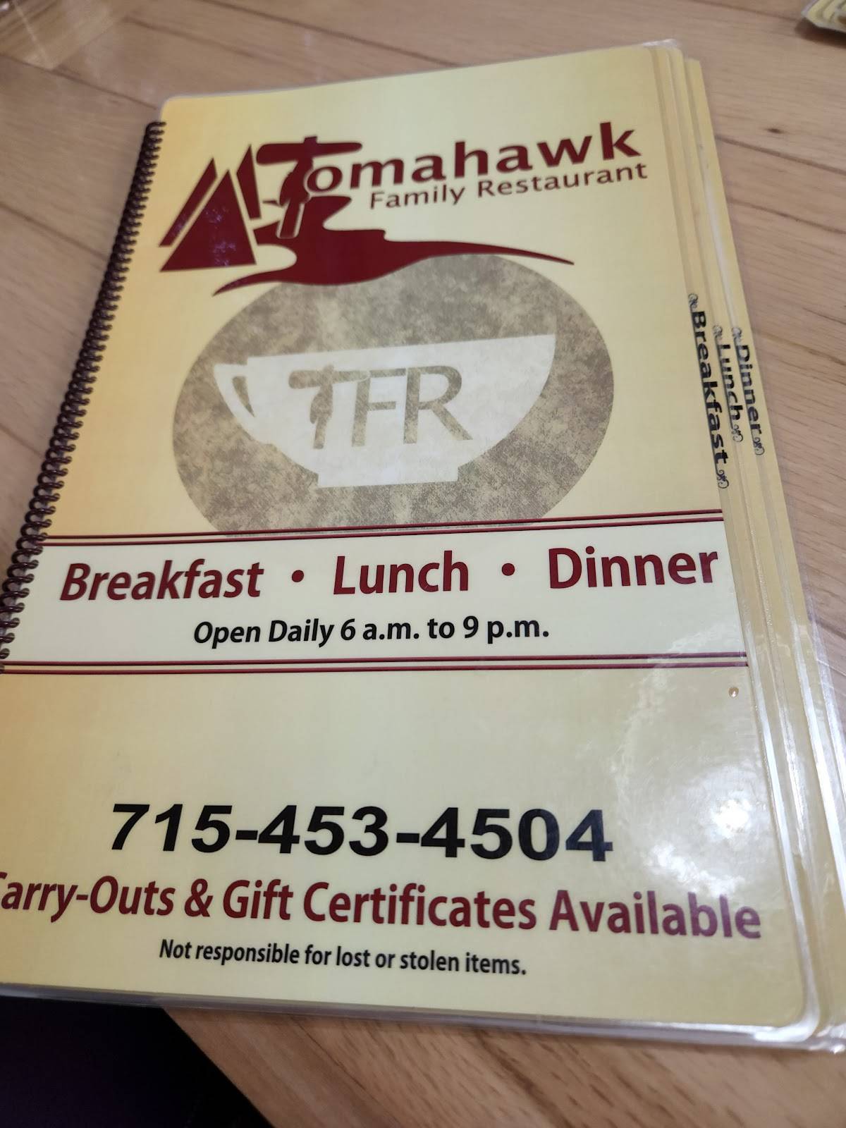 Menu at Tomahawk Family Restaurant, Tomahawk
