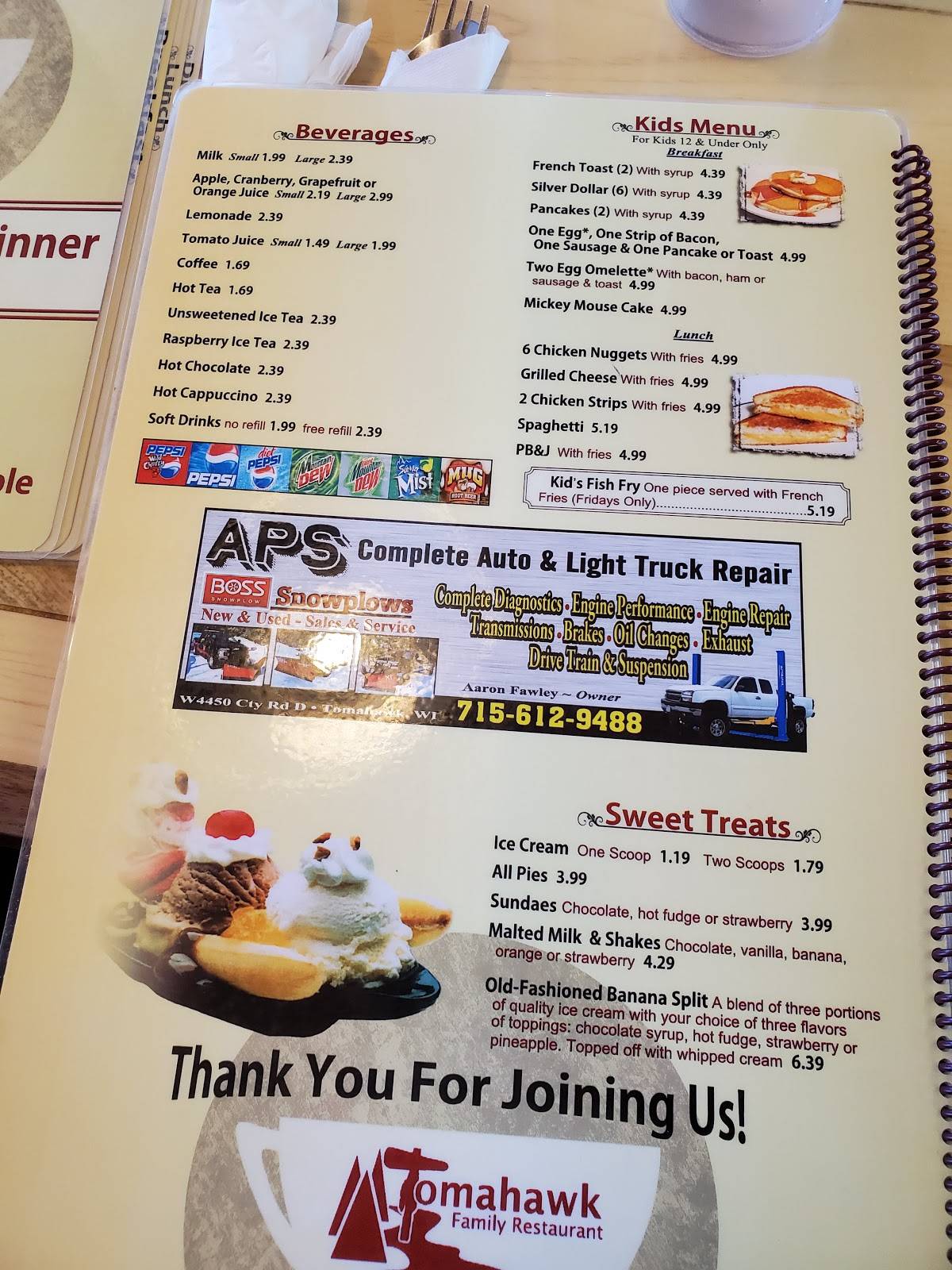 Menu at Tomahawk Family Restaurant, Tomahawk
