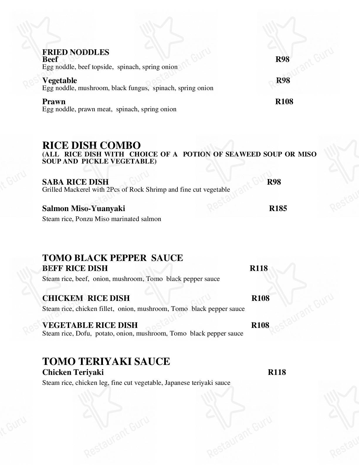 Menu at Tomo Restaurant, Cape Town