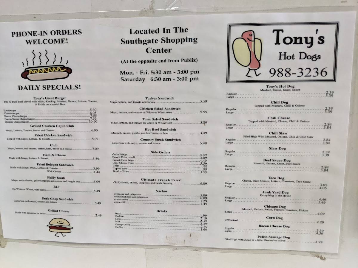 Menu at Tony's Hot Dogs restaurant, Birmingham