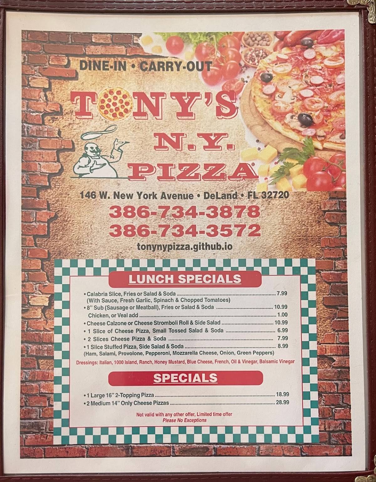 Menu at Tony's New York Pizza pizzeria, DeLand