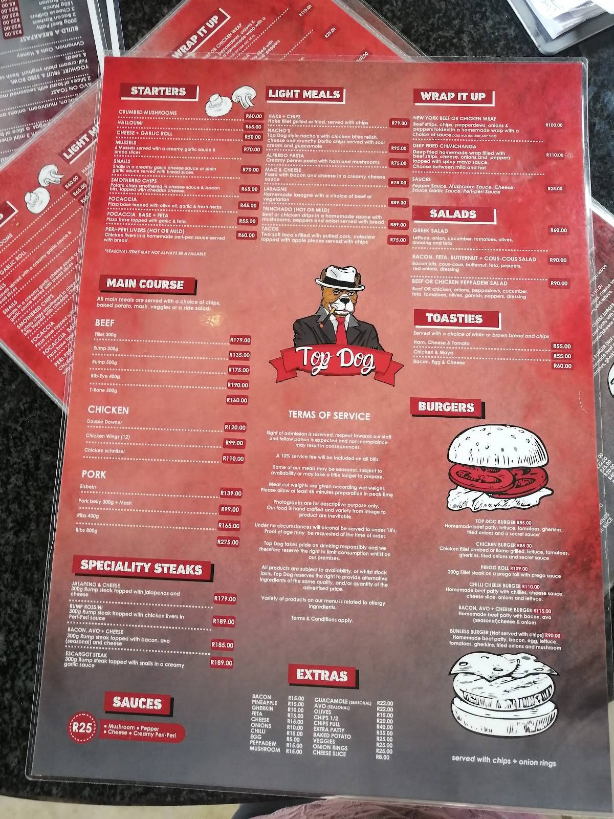 Menu at Top Dog Pub n Grill Potchefstroom, Potchefstroom