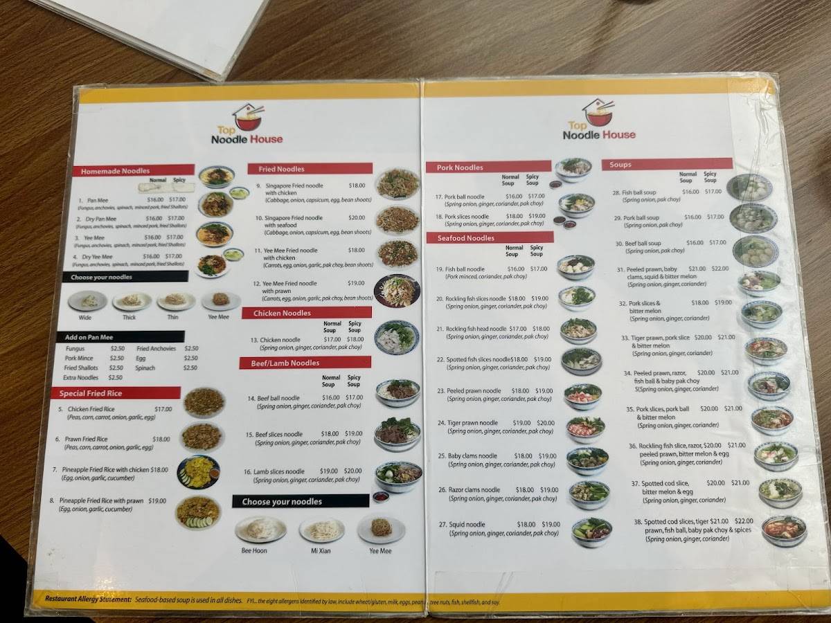 Menu at Top Noodle House restaurant, Mitcham