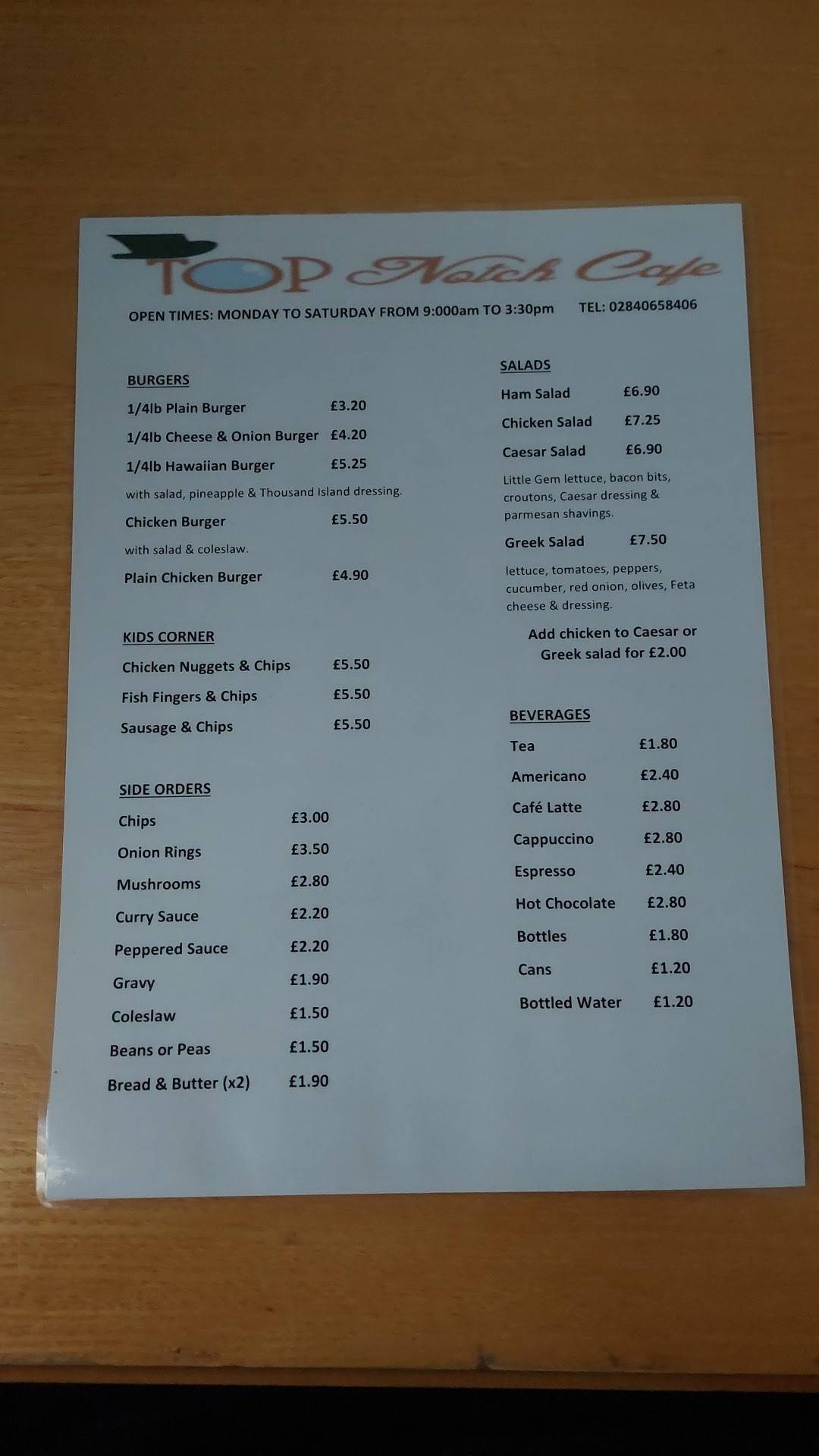 Menu at Top Notch Cafe, Banbridge