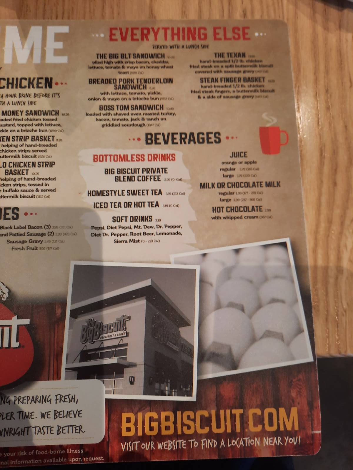 Menu at The Big Biscuit restaurant, Topeka