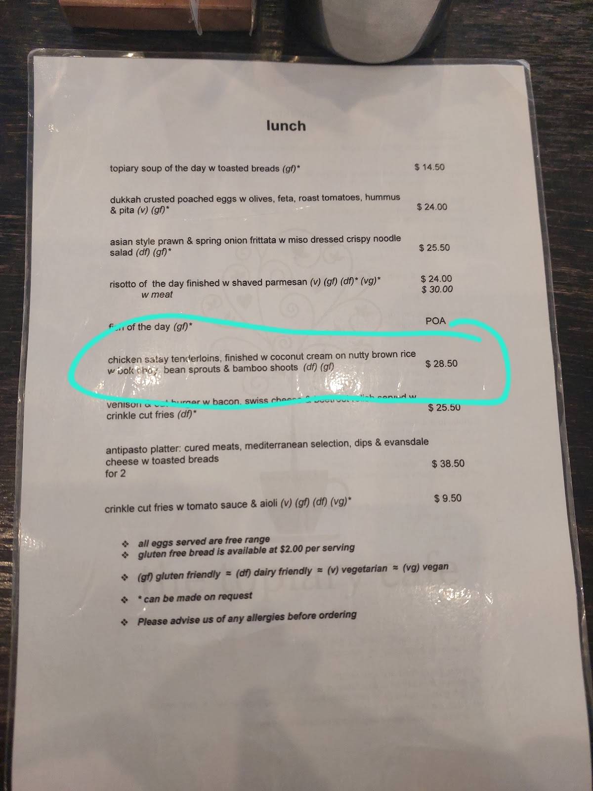 Menu at Topiary Café cafe, Mosgiel