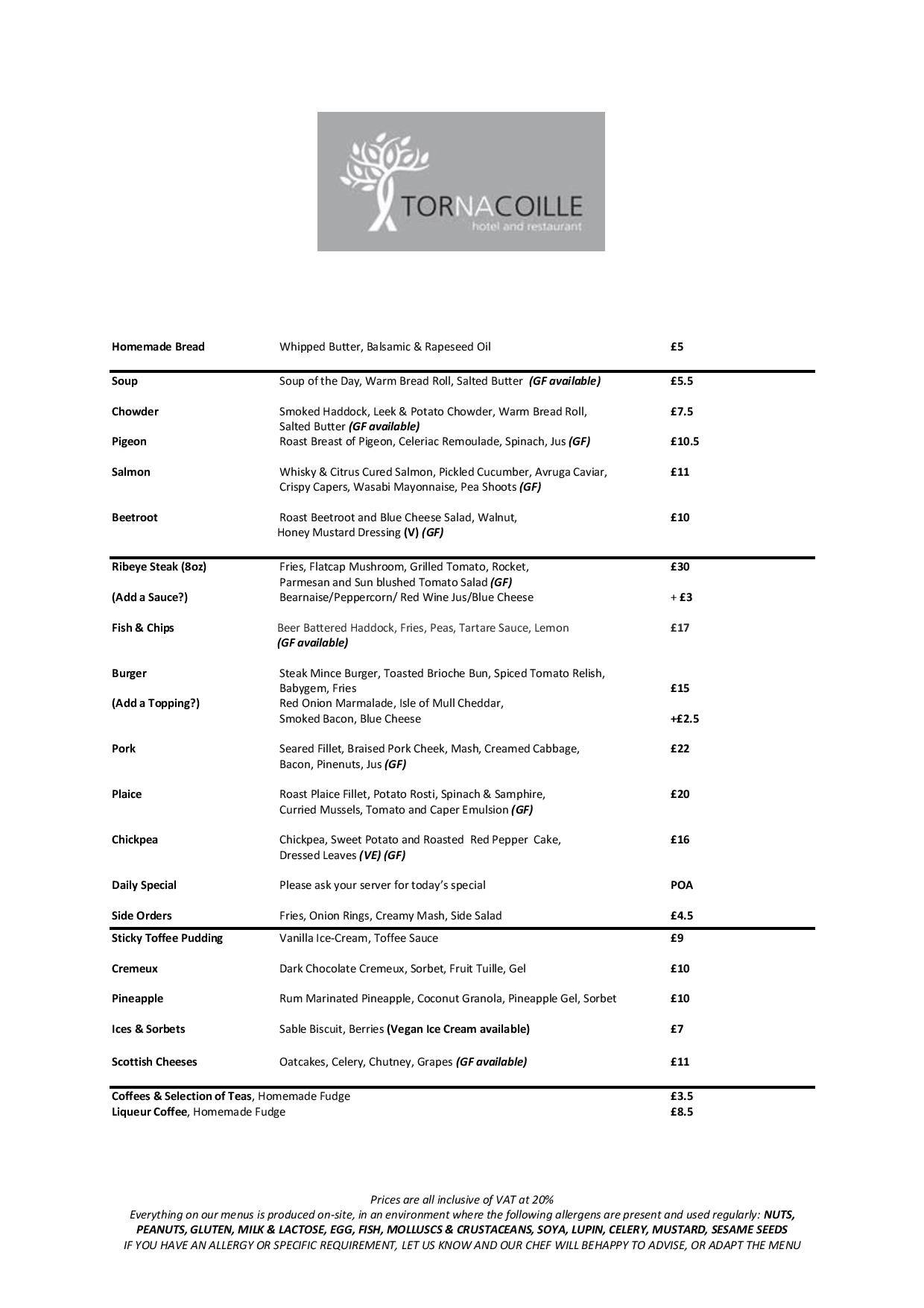 Menu at Tor-Na-Coille Hotel restaurant, Banchory