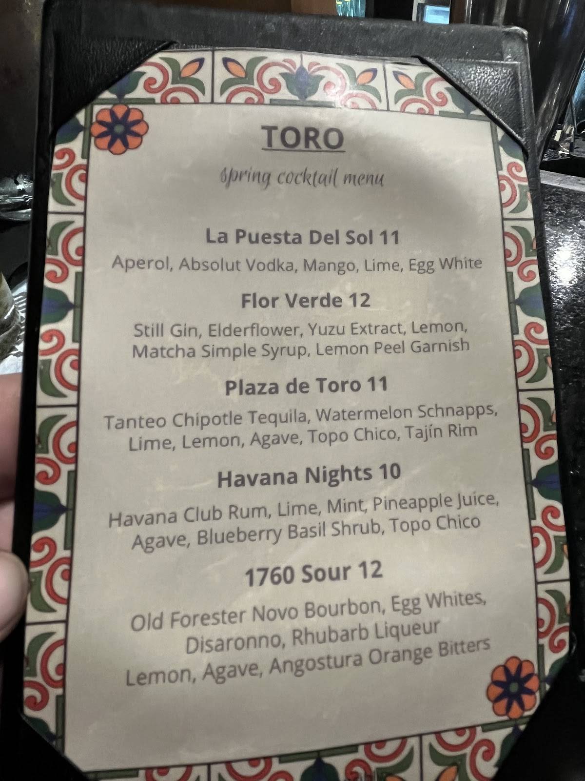 Menu at Toro pub & bar, Bowling Green