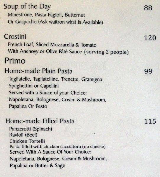 Menu at Tortellino d'Oro restaurant, Johannesburg, Oaklands Shopping Centre