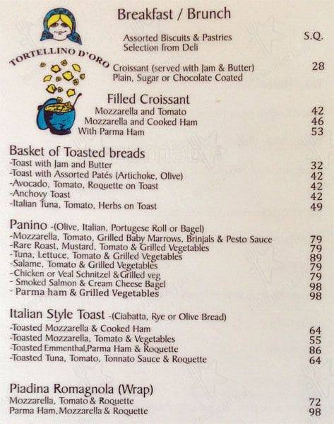 Menu at Tortellino d'Oro restaurant, Johannesburg, Oaklands Shopping Centre