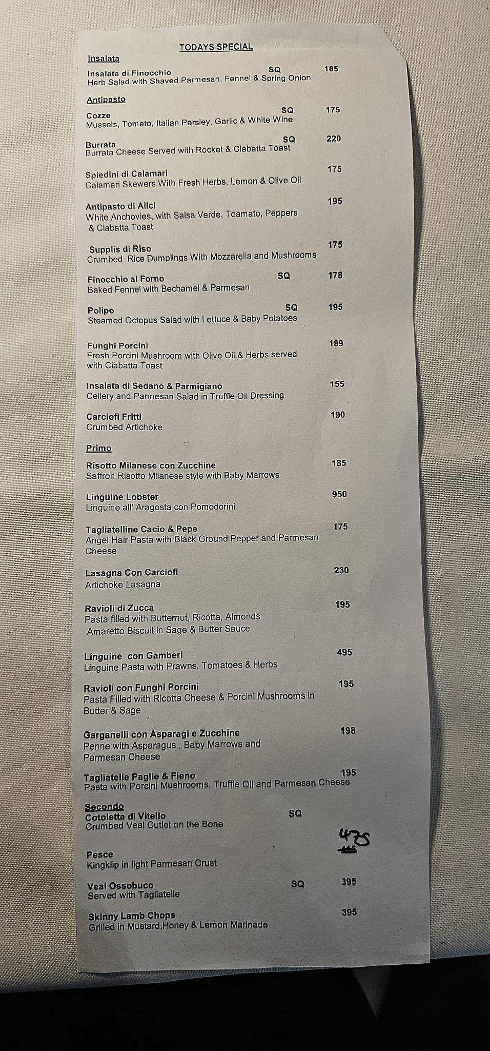 Menu at Tortellino d'Oro restaurant, Johannesburg, Oaklands Shopping Centre