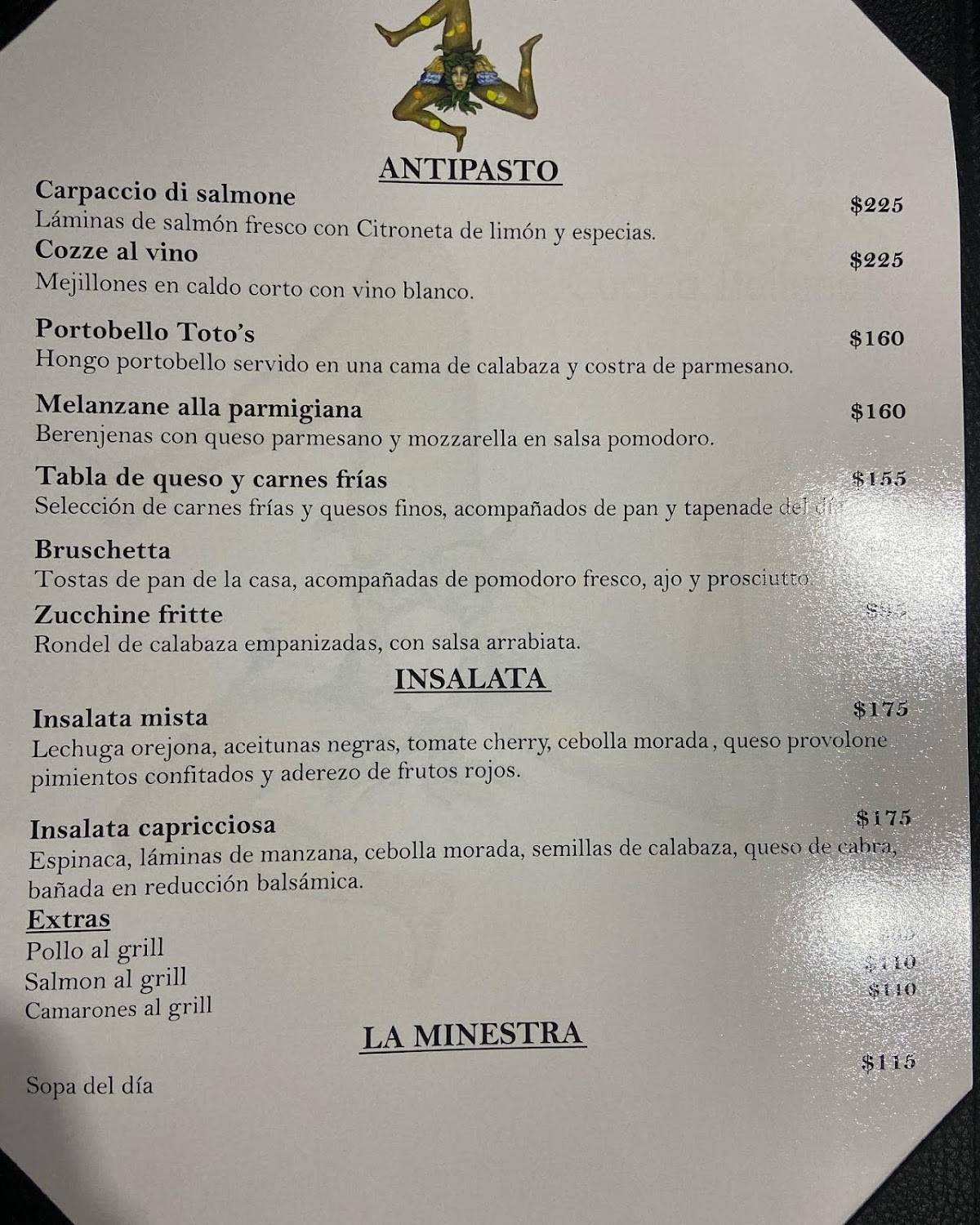 Menu at Totò's Cucina Italiana restaurant, Mazatlán