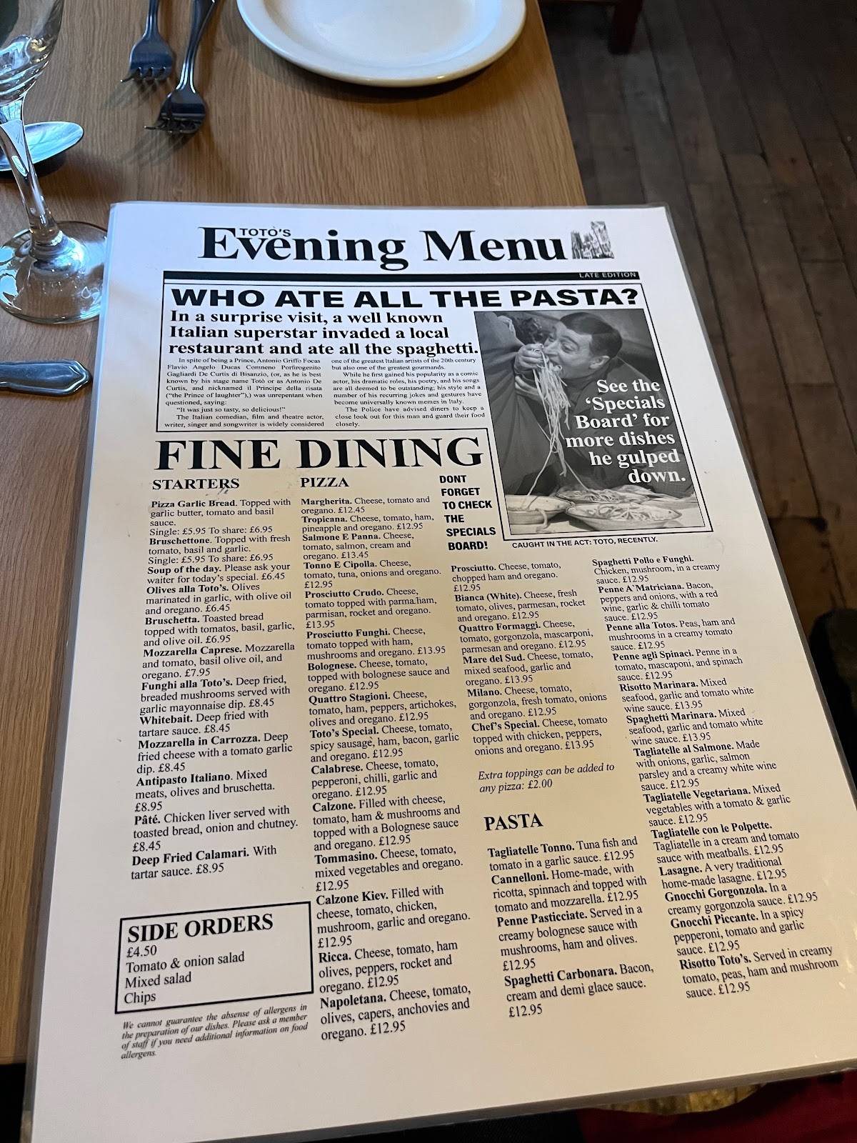 Menu at Toto's Restaurant, London, Walton House