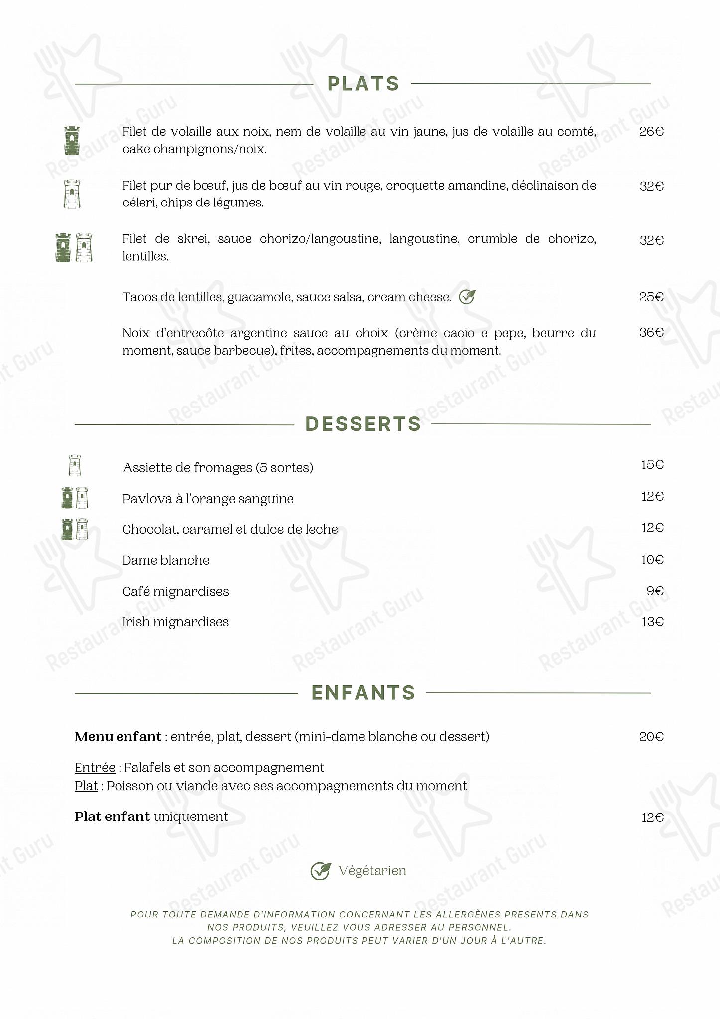 Menu au La Tour Blanche, Tournai