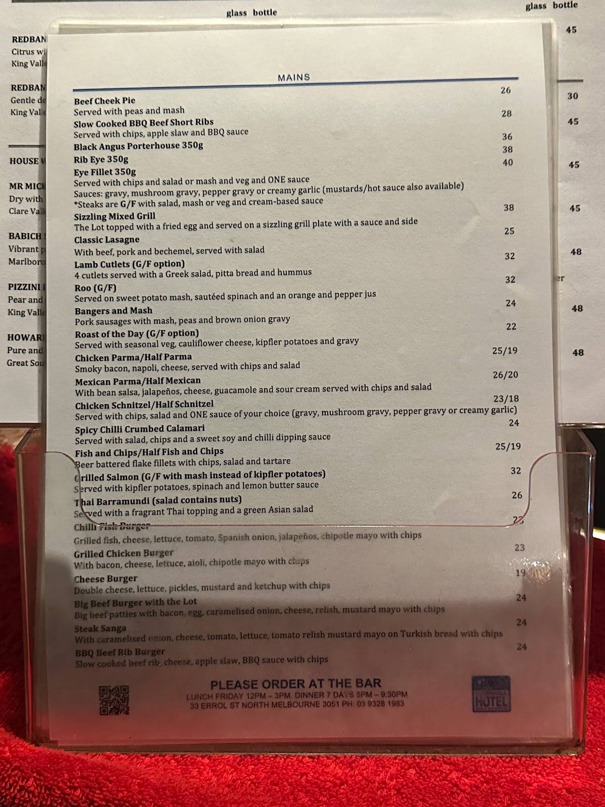 Menu at Town Hall Hotel pub & bar, North Melbourne, 33 Errol St