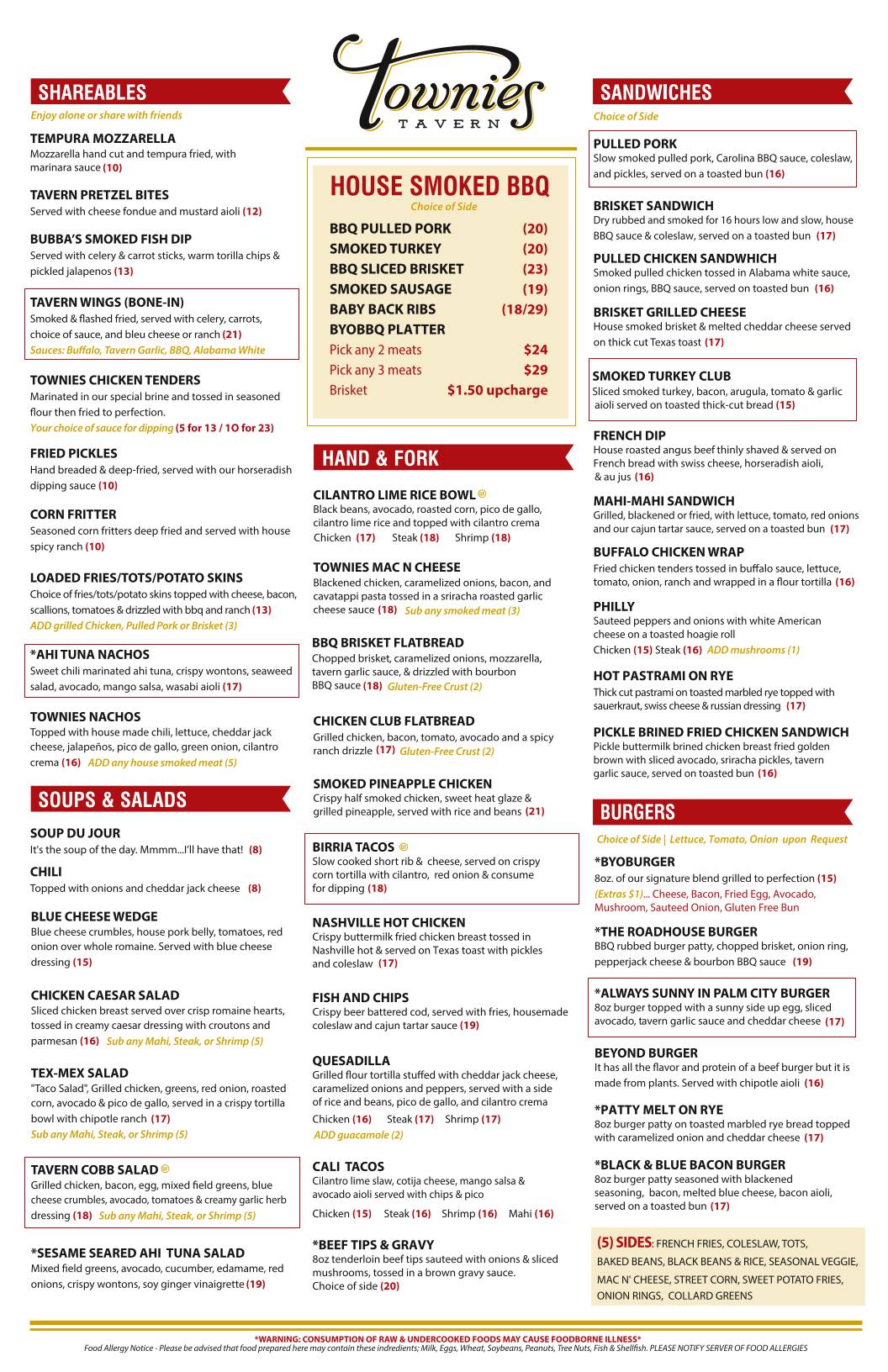 Menu at Townies Tavern pub & bar, Palm City