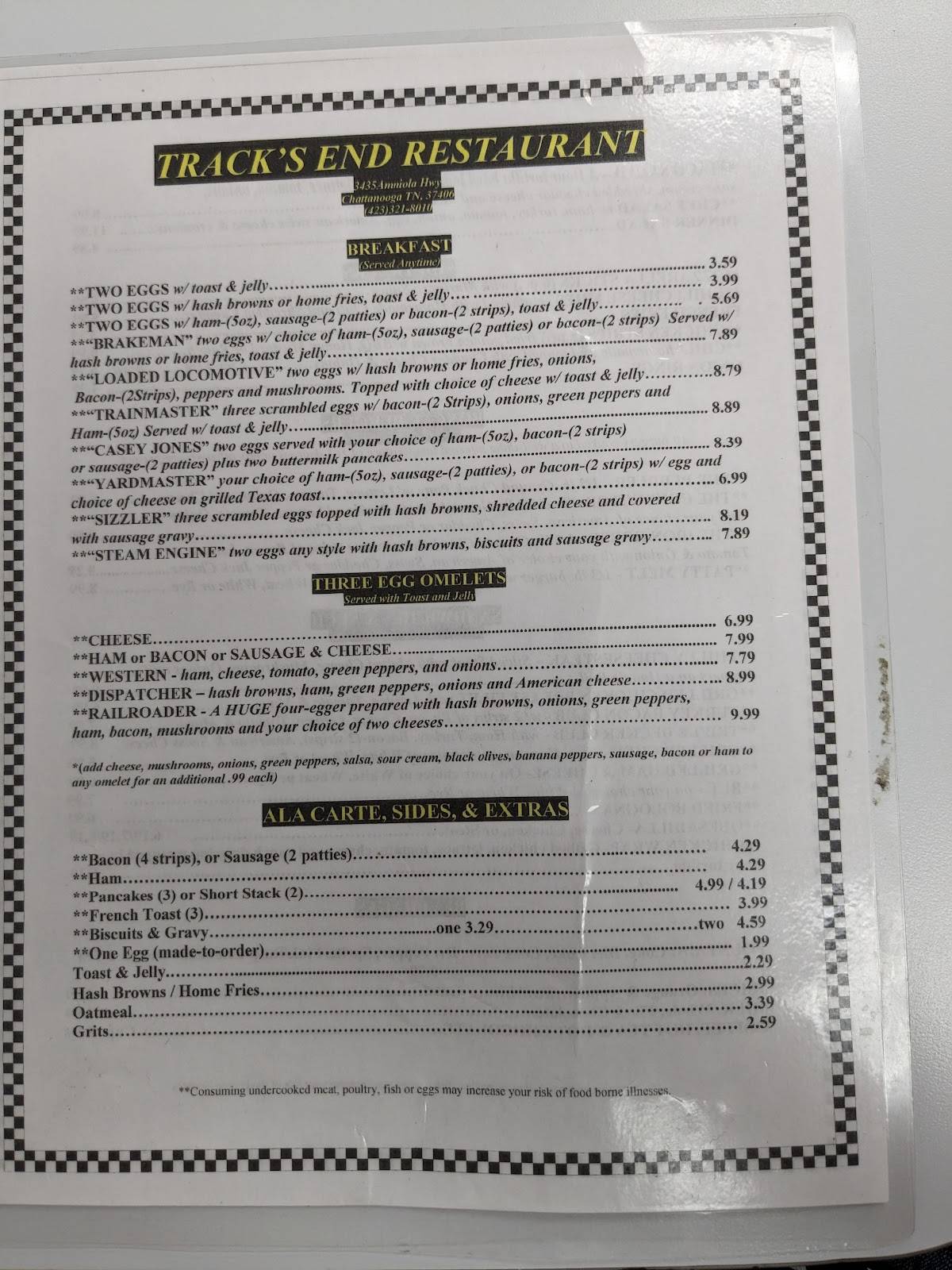 Menu at Track's End Restaurant, Chattanooga