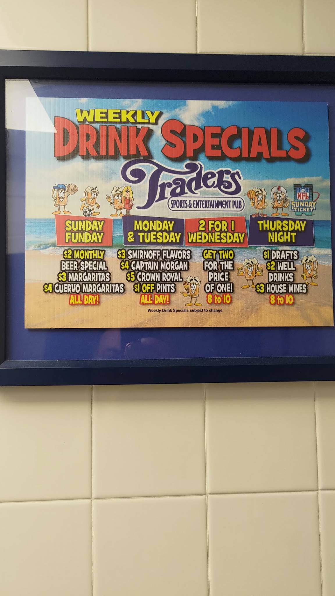 Menu at Traders' pub & bar, New Smyrna Beach