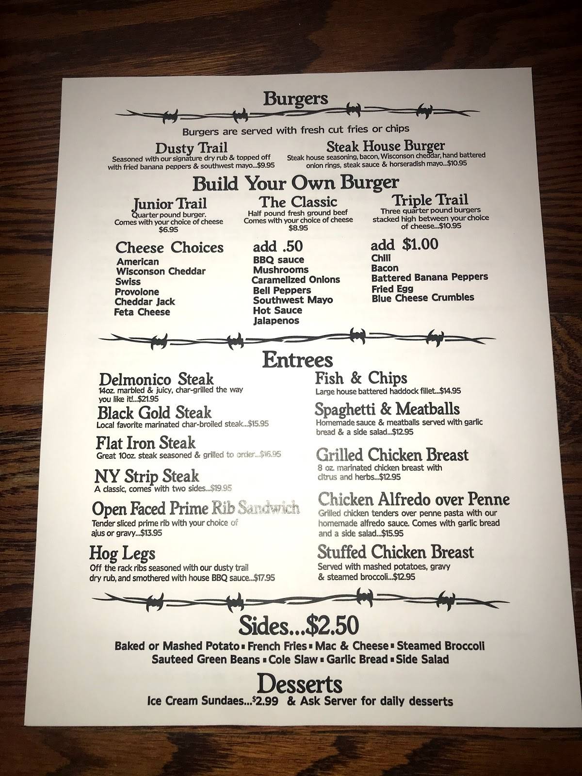 Menu at Trail Inn restaurant, Williamsport, Lycoming Creek Rd