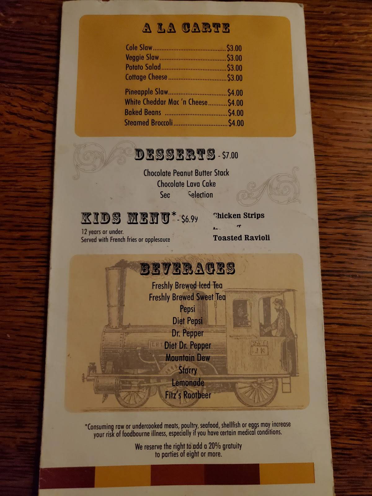 Menu at Trainwreck Saloon pub & bar, Rock Hill, Manchester Rd