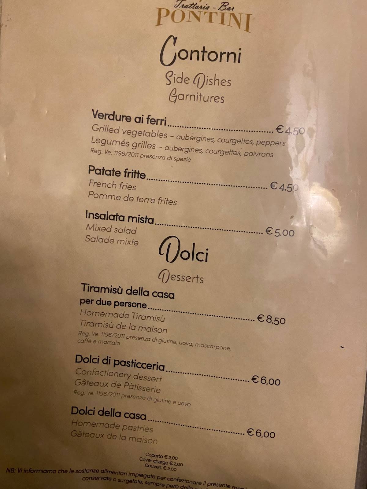Menu at Trattoria Bar Pontini, Venice, Cannaregio