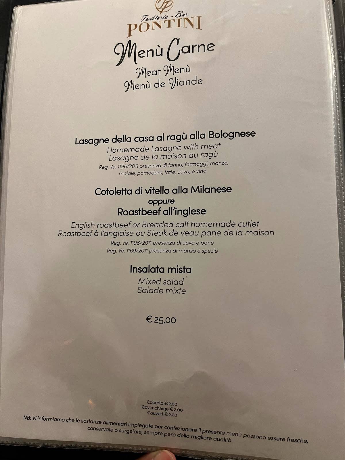Menu at Trattoria Bar Pontini, Venice, Cannaregio